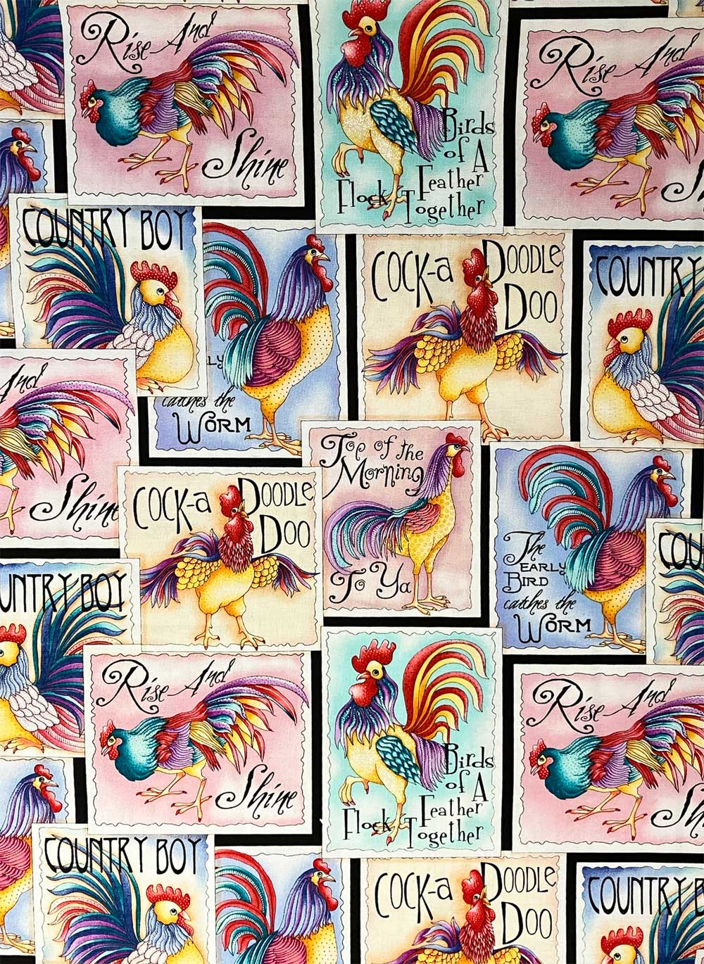 Rise and Shine Colorful Rooster Fabric by Joy Hall